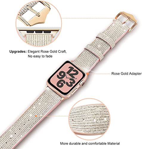 Compatible with Apple Watch Band 41mm 38mm 40mm 42mm 44mm 45mm, CTYBB Blingbling Sweatproof Genuine Leather and Silicone Band for iWatch Series 8 7 6 5 4 3 2 1 SE Ultra, (Starlight/Rose Gold,41mm 38mm 40mm)