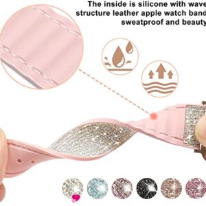 Compatible with Apple Watch Band 41mm 38mm 40mm 42mm 44mm 45mm, CTYBB Blingbling Sweatproof Genuine Leather and Silicone Band for iWatch Series 8 7 6 5 4 3 2 1 SE Ultra, (Starlight/Rose Gold,41mm 38mm 40mm)