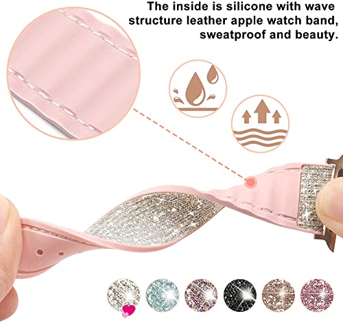 Compatible with Apple Watch Band 41mm 38mm 40mm 42mm 44mm 45mm, CTYBB Blingbling Sweatproof Genuine Leather and Silicone Band for iWatch Series 8 7 6 5 4 3 2 1 SE Ultra, (Starlight/Rose Gold,41mm 38mm 40mm)