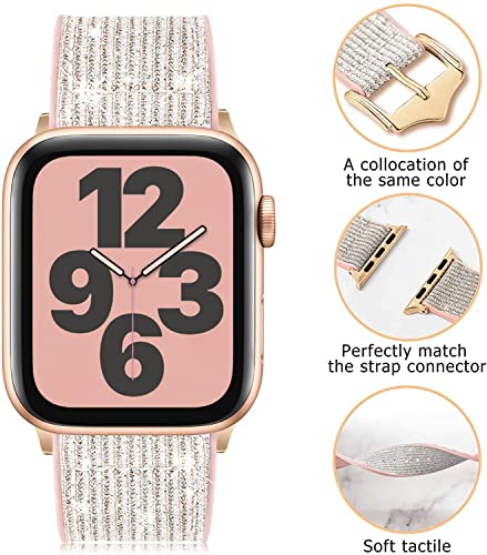 Compatible with Apple Watch Band 41mm 38mm 40mm 42mm 44mm 45mm, CTYBB Blingbling Sweatproof Genuine Leather and Silicone Band for iWatch Series 8 7 6 5 4 3 2 1 SE Ultra, (Starlight/Rose Gold,41mm 38mm 40mm)