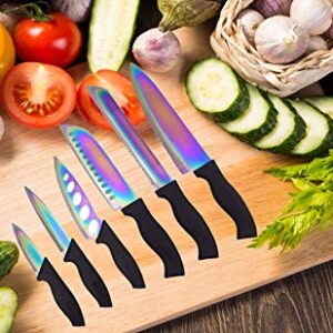 Lightahead 7pcs Premium Rainbow Colored Knife Set, 6 Stainless Steel Kitchen Knives with Chopping Board