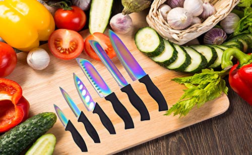 Lightahead 7pcs Premium Rainbow Colored Knife Set, 6 Stainless Steel Kitchen Knives with Chopping Board