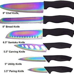 Lightahead 7pcs Premium Rainbow Colored Knife Set, 6 Stainless Steel Kitchen Knives with Chopping Board