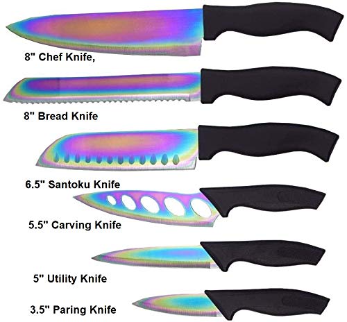 Lightahead 7pcs Premium Rainbow Colored Knife Set, 6 Stainless Steel Kitchen Knives with Chopping Board