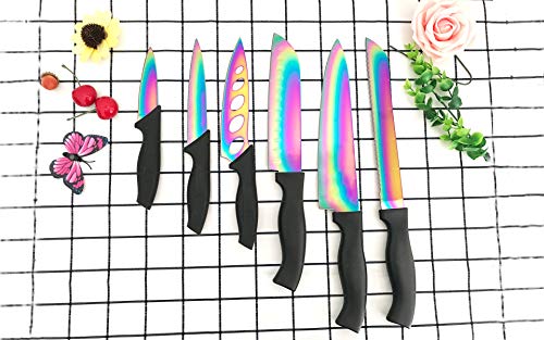 Lightahead 7pcs Premium Rainbow Colored Knife Set, 6 Stainless Steel Kitchen Knives with Chopping Board