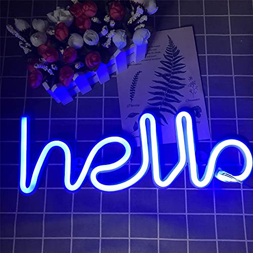 QiaoFei LED Hello Neon Word Sign Neon Letters Light Art Decorative Lights, Marquee Signs/Wall Decor for Christmas, Birthday Party, Kids Room, Living Room,Wedding Party Supplies(Blue Hello)