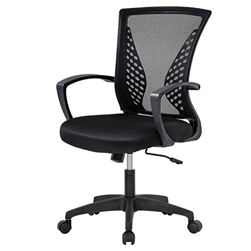 Home Office Chair Mid Back PC Swivel Lumbar Support Adjustable Desk Task Computer Ergonomic Comfortable Mesh Chair with Armrest (Black)