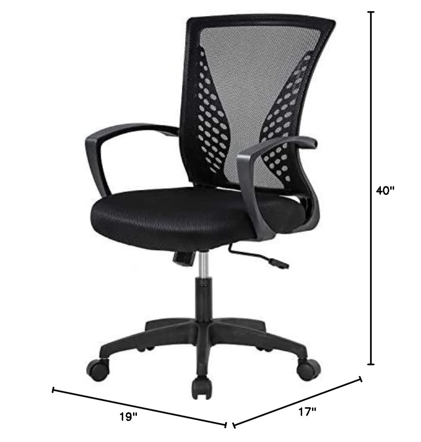 Home Office Chair Mid Back PC Swivel Lumbar Support Adjustable Desk Task Computer Ergonomic Comfortable Mesh Chair with Armrest (Black)