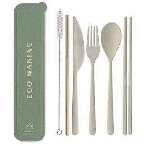 designworks ink reusable cutlery set utensils for lunch box, 7-piece, forest green - eco maniac plastic flatware with forks, spoon, knife, chopsticks, metal straw in portable travel case