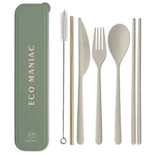 Designworks Ink Reusable Cutlery Set Utensils for Lunch Box, 7-Piece, Forest Green - Eco Maniac Plastic Flatware with Forks, Spoon, Knife, Chopsticks, Metal Straw in Portable Travel Case