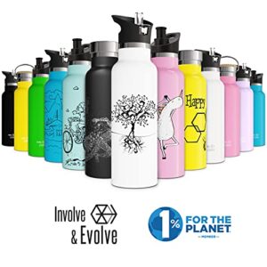 Involve & Evolve Insulated Water Bottle with 3 Lids (Straw Lid) Kids Reusable Double Walled Stainless Steel Flask Metal Stay Wild Thermos 12oz 17oz 20oz 25oz (17 oz, Engraved Blue)