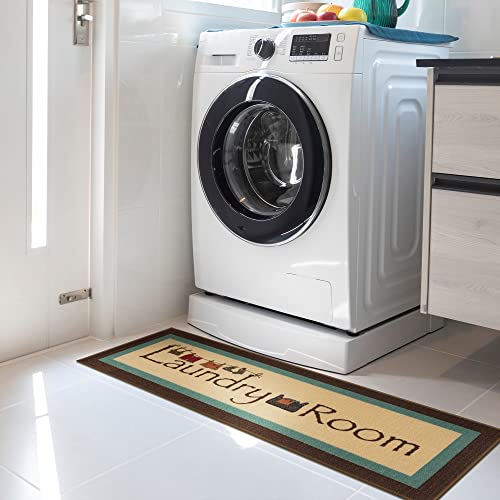 Machine Washable Bordered Laundry Room Rug Non-Slip Rubberback 2x5 Laundry Runner Rug for Laundry Room, Bathroom, Washroom, 20" x 59", Beige Laundry