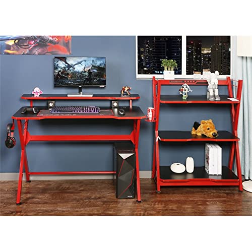 JJS 48" Home Office Gaming Computer Desk with Removable Monitor Stand, X Shaped Large Gamer Workstation PC Table with Cup Holder Headphone Hook Speaker Storage Free Mouse pad, Red