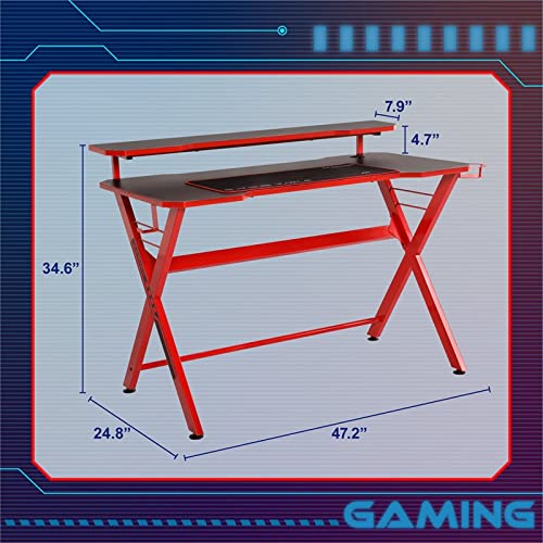 JJS 48" Home Office Gaming Computer Desk with Removable Monitor Stand, X Shaped Large Gamer Workstation PC Table with Cup Holder Headphone Hook Speaker Storage Free Mouse pad, Red