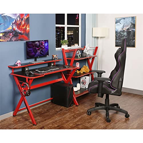 JJS 48" Home Office Gaming Computer Desk with Removable Monitor Stand, X Shaped Large Gamer Workstation PC Table with Cup Holder Headphone Hook Speaker Storage Free Mouse pad, Red