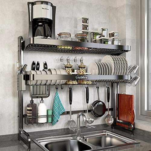 Loyalfire Over Sink Dish Drying Rack, 3 Tier Adjustable Length (20.87''~37.6'') Full Stainless Steel Large Storage Kitchen Dish Rack, Expandable Shelf Rack with Utensil Holder, Cup Hanging Set