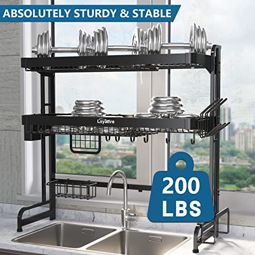 Loyalfire Over Sink Dish Drying Rack, 3 Tier Adjustable Length (20.87''~37.6'') Full Stainless Steel Large Storage Kitchen Dish Rack, Expandable Shelf Rack with Utensil Holder, Cup Hanging Set