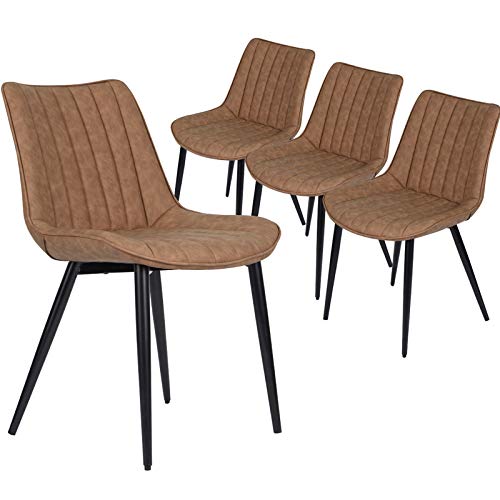 HOMHUM 4 PCS Faux Leather Dining Chairs, Mid Century Modern Leisure Upholstered Chair with Metal Legs for Kitchen Living Room Brown