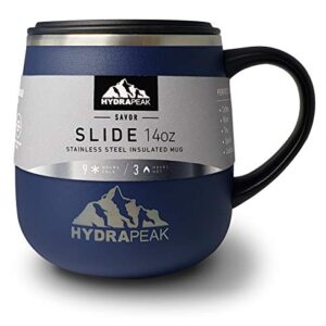 Hydrapeak 14oz Double Vacuum Insulated Coffee Mug. Stainless Steel Travel Mug, Tumbler Tea Cup with Water Tight Slide Lid and Handle (Navy)