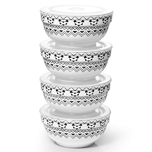 DOWAN Porcelain Bowls with Vented Lid, 30oz Cereal Soup Bowl, Ceramic Bowl Set, Ceramic Bowl With Lid, Prep Bowls for Kitchen, Modern Bohemian Bowl for Oatmeal, Rice, Pasta, Salad, Set of 4