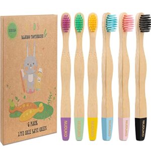 NUDUKO Bamboo Kids Toothbrushes (6 Pack) - Soft Bristle Organic Compostable BPA Free Toothbrush for Kids Toddler Baby Tooth Brush, Eco Friendly Natural Biodegradable Wooden Toothbrush