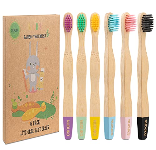 NUDUKO Bamboo Kids Toothbrushes (6 Pack) - Soft Bristle Organic Compostable BPA Free Toothbrush for Kids Toddler Baby Tooth Brush, Eco Friendly Natural Biodegradable Wooden Toothbrush