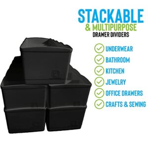 Uncluttered Designs Drawer Dividers (Set of 5) — Modern Organization for Your Ties, Socks, Underwear & Bathroom Storage in Sturdy Plastic - Washable & Sleek (Black)