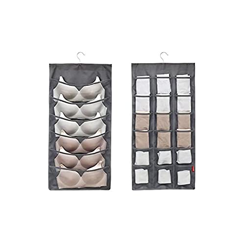 LCXEGO Storage Hanging Bag with Metal Hanger, Dual-Sided Hanging Storage Organiser for Underwear, Stocking,Bra and Sock (6+18 Pockets, Gray)