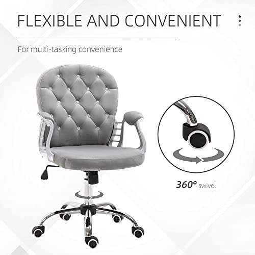 Vinsetto Vanity Middle Back Office Chair Tufted Backrest Swivel Rolling Wheels Task Chair with Height Adjustable Comfortable with Armrests, Grey