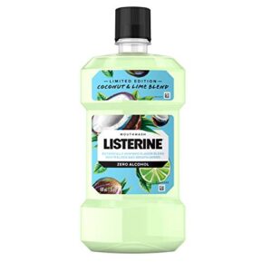 listerine zero alcohol mouthwash, oral rinse kills up to 99% of bad breath germs, limited edition coconut lime flavor, 500 ml (pack of 3)