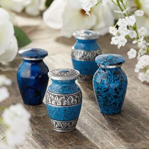 Reminded Small Cremation Urns for Human Ashes, Mini Keepsake Set of 4 Blue and Silver with Velvet Case