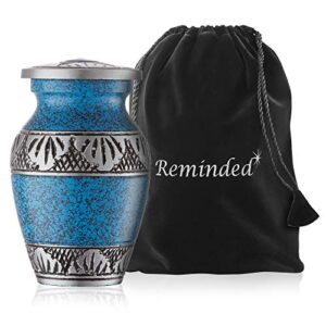 Reminded Small Cremation Urns for Human Ashes, Mini Keepsake Set of 4 Blue and Silver with Velvet Case