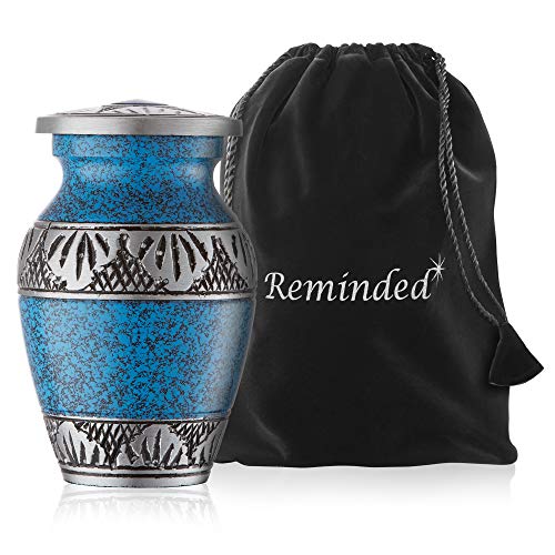 Reminded Small Cremation Urns for Human Ashes, Mini Keepsake Set of 4 Blue and Silver with Velvet Case