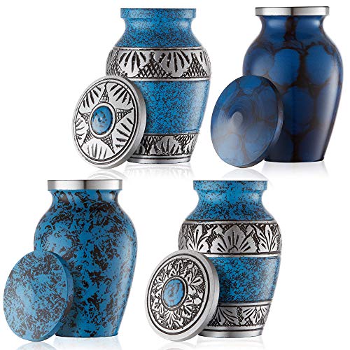 Reminded Small Cremation Urns for Human Ashes, Mini Keepsake Set of 4 Blue and Silver with Velvet Case