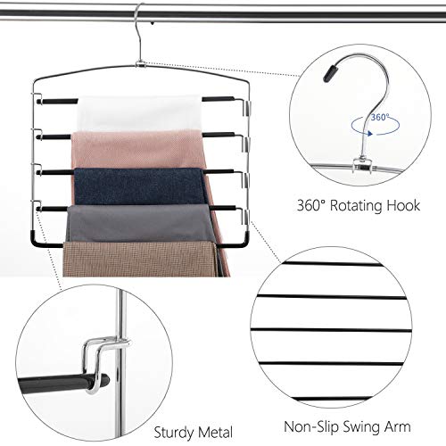 Pants Hangers Non Slip 3 Pack Space Saving Hangers Multi-Layer Swing Arm Pants Hanger Stainless Steel Space Saver Hangers Closet Storage Organizer for Pants Jeans Trouser Tie Slack Clothes (Black)