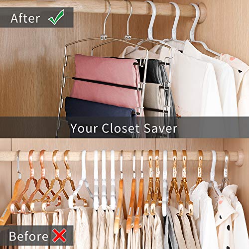 Pants Hangers Non Slip 3 Pack Space Saving Hangers Multi-Layer Swing Arm Pants Hanger Stainless Steel Space Saver Hangers Closet Storage Organizer for Pants Jeans Trouser Tie Slack Clothes (Black)