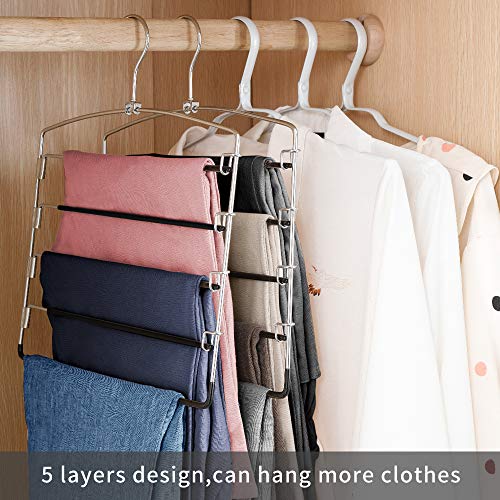 Pants Hangers Non Slip 3 Pack Space Saving Hangers Multi-Layer Swing Arm Pants Hanger Stainless Steel Space Saver Hangers Closet Storage Organizer for Pants Jeans Trouser Tie Slack Clothes (Black)