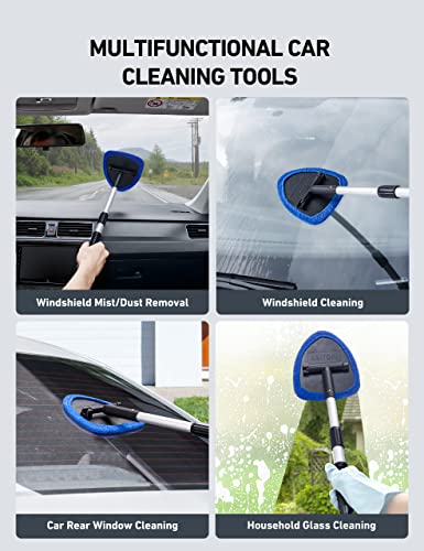 AstroAI Windshield Cleaner, Microfiber Car Windshield Cleaning Tool with 4 Reusable and Washable Microfiber Pads and Extendable Handle Auto Inside Glass Wiper Kit, Blue