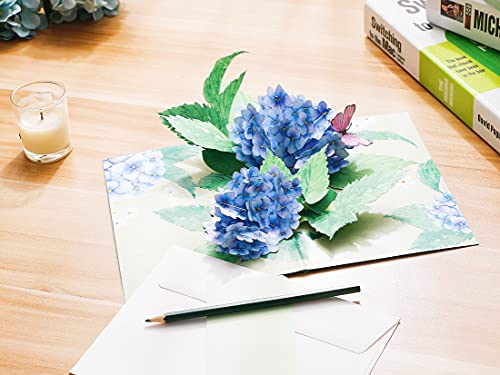 Liif Hydrangea Blossoms Butterfly 3D Greeting Pop Up Mother's Day Card, Spring, Summer, Anniversary, Fathers Day, Get Well, Thinking Of You, All Occasion, Happy Birthday Cards For Mom, Women, Her | With Message Note & Envelop | Large Size 8 x 6 Inch