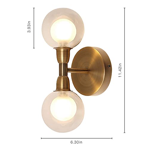 TLOLGT Bronze Mini Wall Lamp, 2-Light Glass Wall Light, Mid Century Modern Wall Sconce, Gold Bathroom Vanity Light Fixtures with Clear Glass Shade for Bedroom,Living Room, Bathroom