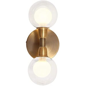 TLOLGT Bronze Mini Wall Lamp, 2-Light Glass Wall Light, Mid Century Modern Wall Sconce, Gold Bathroom Vanity Light Fixtures with Clear Glass Shade for Bedroom,Living Room, Bathroom