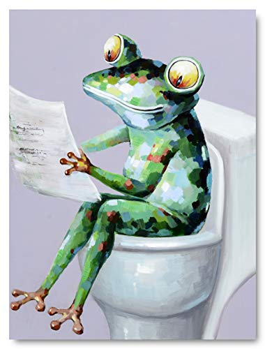 Yihui Arts Funny Bathroom Wall Art Hand Painted Happy Frog Reading Book Large Painting Pictures with Framed for Decor