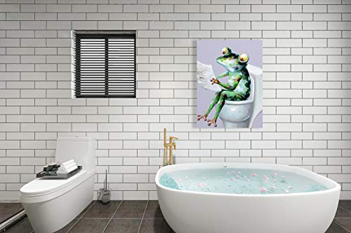 Yihui Arts Funny Bathroom Wall Art Hand Painted Happy Frog Reading Book Large Painting Pictures with Framed for Decor