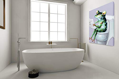 Yihui Arts Funny Bathroom Wall Art Hand Painted Happy Frog Reading Book Large Painting Pictures with Framed for Decor