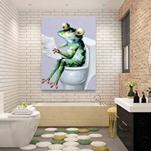 Yihui Arts Funny Bathroom Wall Art Hand Painted Happy Frog Reading Book Large Painting Pictures with Framed for Decor