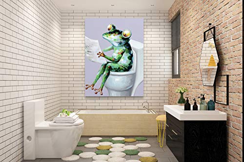 Yihui Arts Funny Bathroom Wall Art Hand Painted Happy Frog Reading Book Large Painting Pictures with Framed for Decor