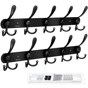 aneder coat rack wall mount wall hooks hat rack adhesive wall hooks rail heavy duty wall rack with 5 tri hooks for coat hat towel purse robes (black, 2 packs)