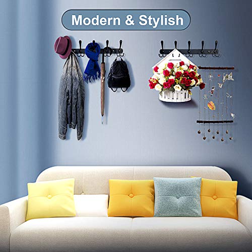 ANEDER Coat Rack Wall Mount Wall Hooks Hat Rack Adhesive Wall Hooks Rail Heavy Duty Wall Rack with 5 Tri Hooks for Coat Hat Towel Purse Robes (Black, 2 Packs)