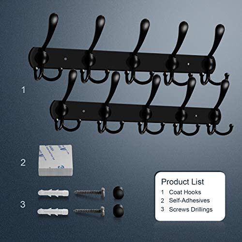 ANEDER Coat Rack Wall Mount Wall Hooks Hat Rack Adhesive Wall Hooks Rail Heavy Duty Wall Rack with 5 Tri Hooks for Coat Hat Towel Purse Robes (Black, 2 Packs)