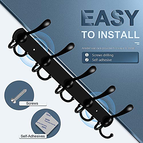 ANEDER Coat Rack Wall Mount Wall Hooks Hat Rack Adhesive Wall Hooks Rail Heavy Duty Wall Rack with 5 Tri Hooks for Coat Hat Towel Purse Robes (Black, 2 Packs)